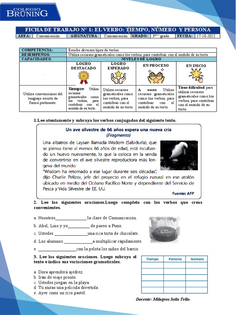 Comunicación-Ficha de Trabajo - Los Verbos - Tiempo, Persona y Número ...