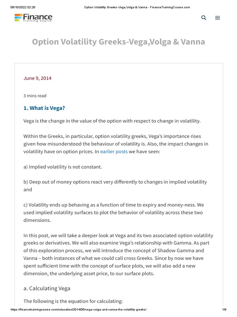 Option Volatility Greeks-Vega, Volga & Vanna | PDF