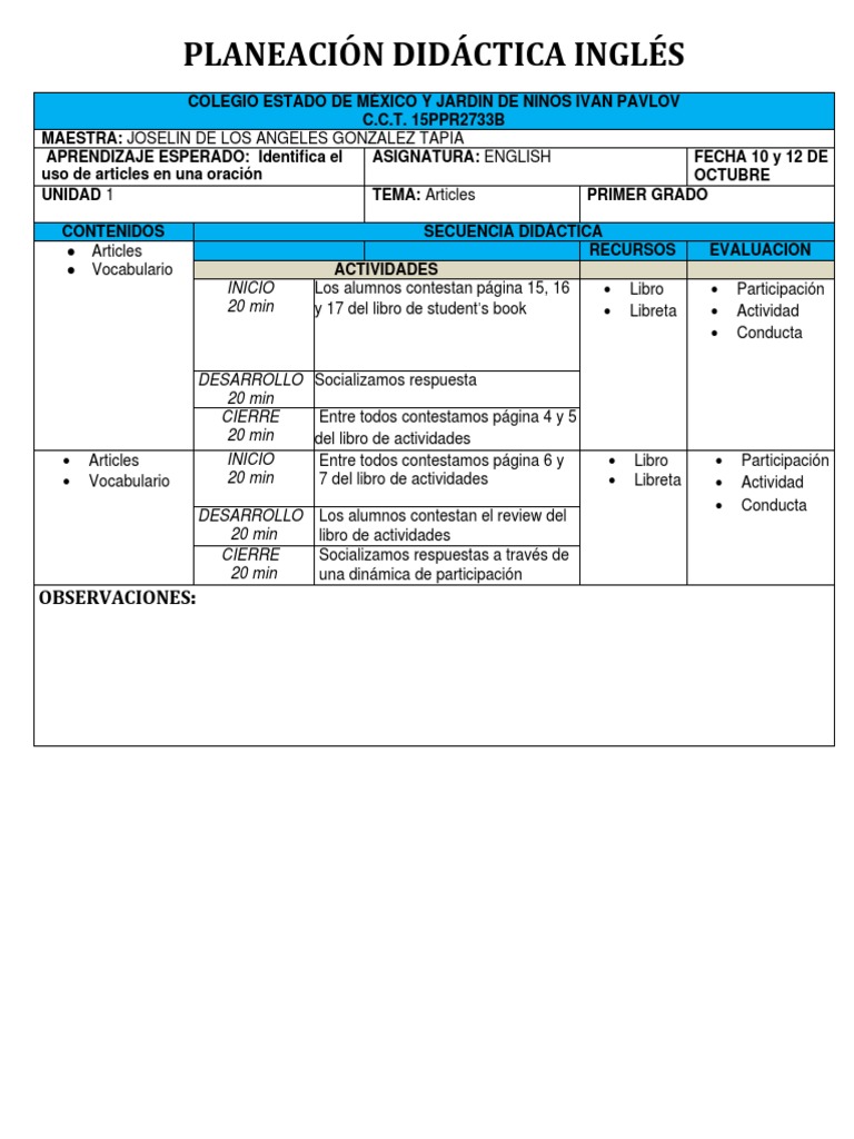 Planeación Inglés 10 y 12sep | PDF | Educación de la primera infancia ...