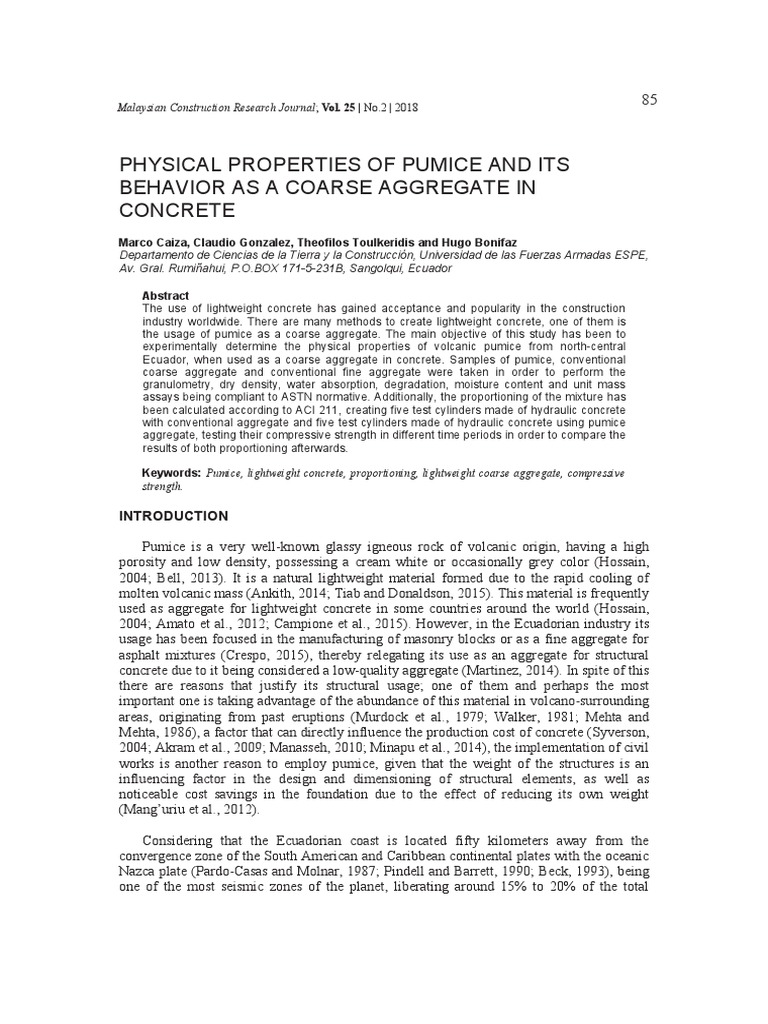 Pumice Properties as Coarse Aggregate | PDF | Concrete | Construction ...
