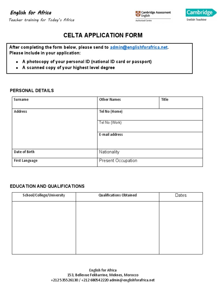 CELTA Application Form | PDF | Teachers | Teacher Education