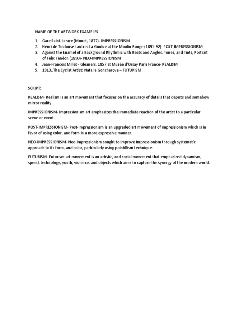 Name of The Artwork Examples | PDF