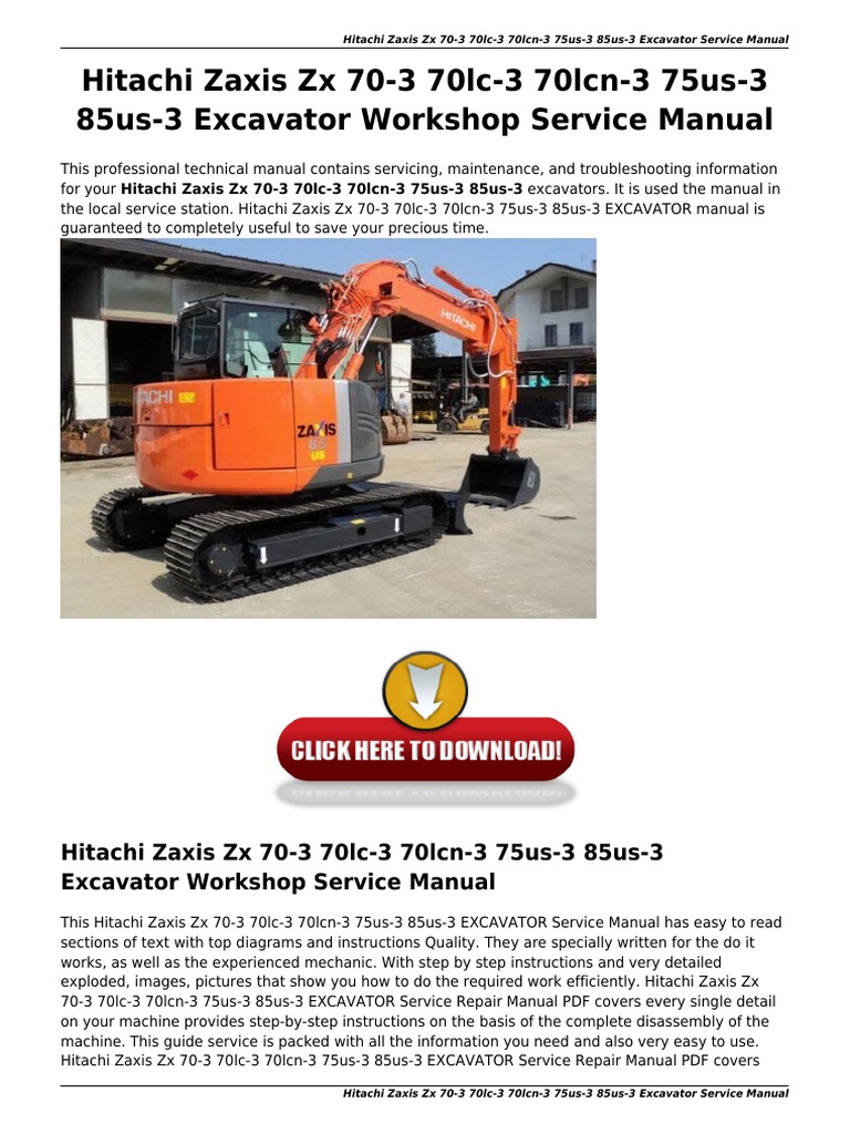 Hitachi Zaxis ZX 70 3 70lc 3 70lcn 3 75us 3 85us 3 Excavator Workshop Service Manual | PDF
