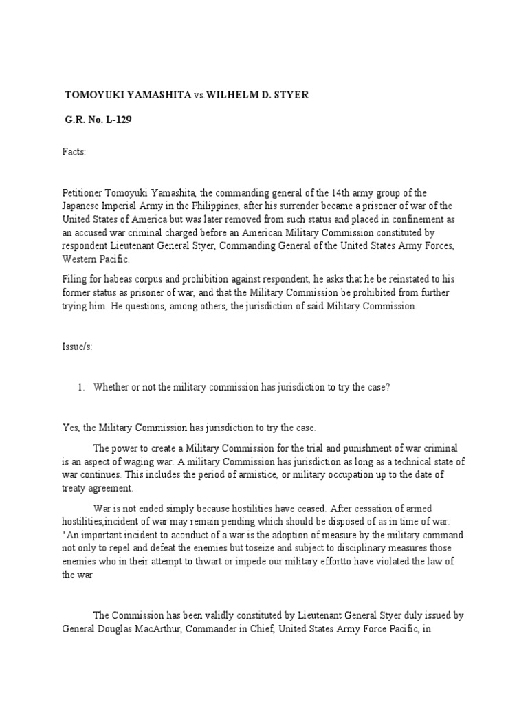 TOMOYUKI YAMASHITA Vs - WILHELM D. STYER | PDF | Military Justice ...