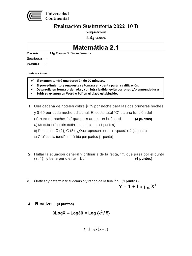Eval Sustitutoria Matemática 2.1 - 2022 | PDF