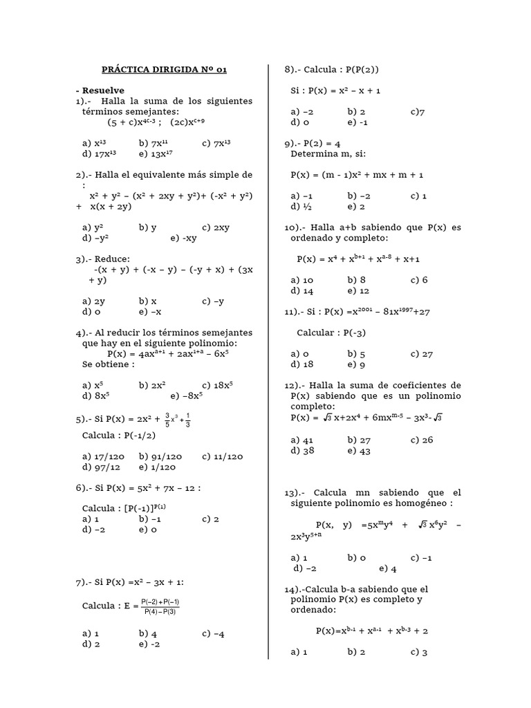 Ejercicios de Polinomios | PDF | Relaciones matematicas | Matemáticas ...