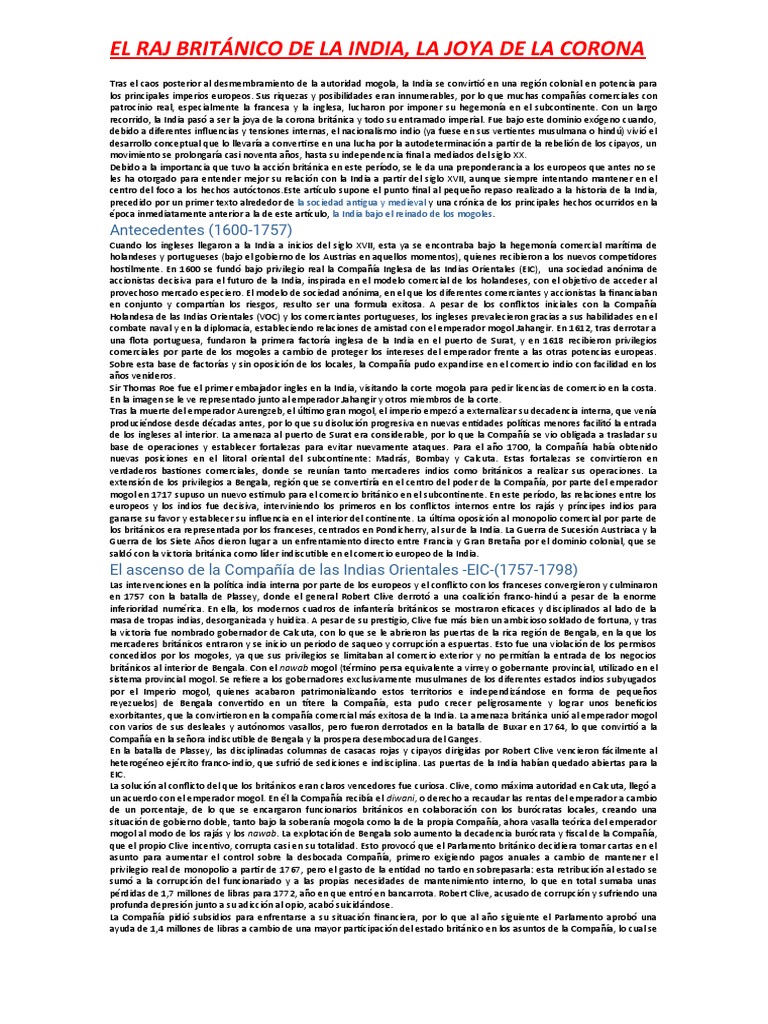 El Raj Británico de La India | PDF | Imperio mogol | compañía del este ...