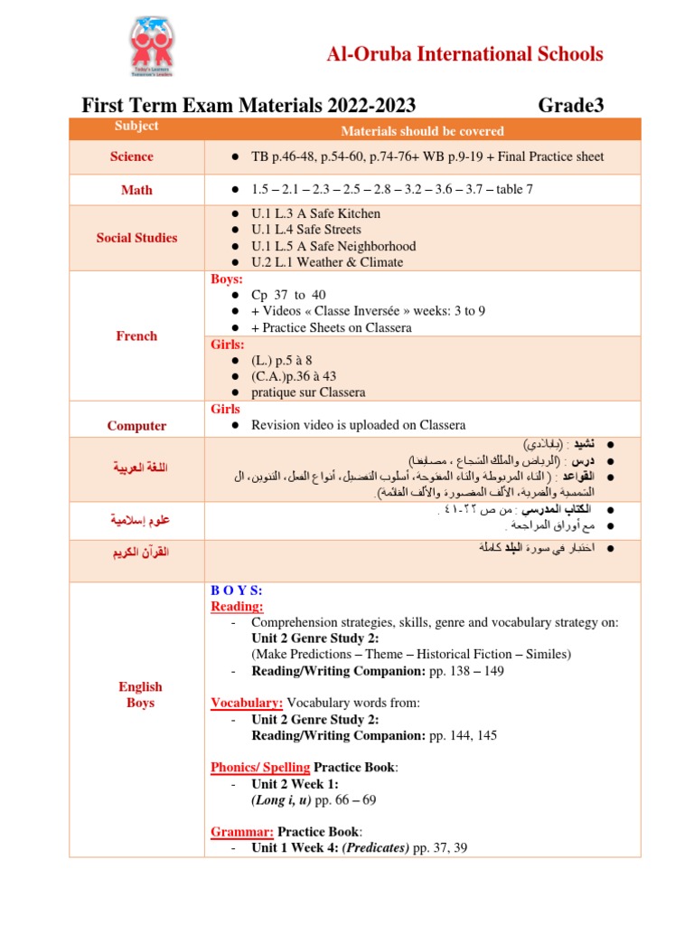 1st Term Exam Materials 2022 - 2023 - G3 | PDF | Reading Comprehension ...