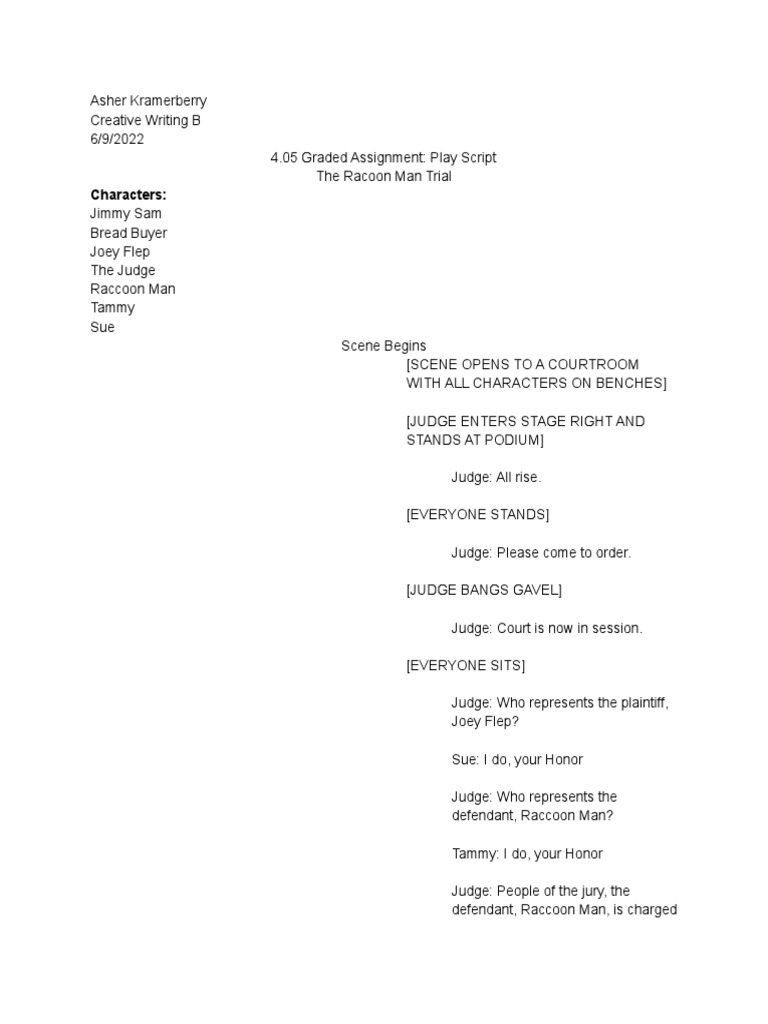 4.05 Graded Assignment - Unit Project - Play Script | PDF | Judge | Courtroom