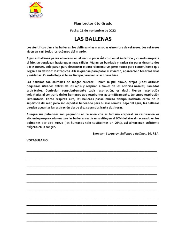 Plan Lector 6to Grado - Lectura - Las Ballenas 11 de Noviembre | PDF