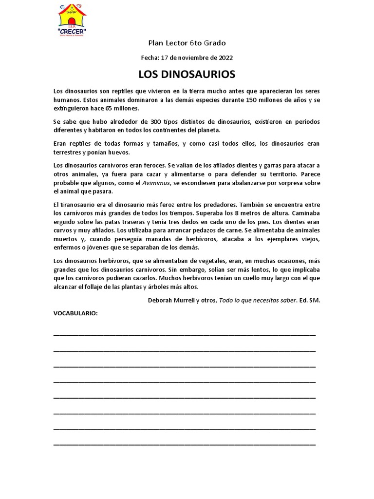Plan Lector 6to Grado - Lectura - Los Dinosaurios 02 de Diciembre | PDF