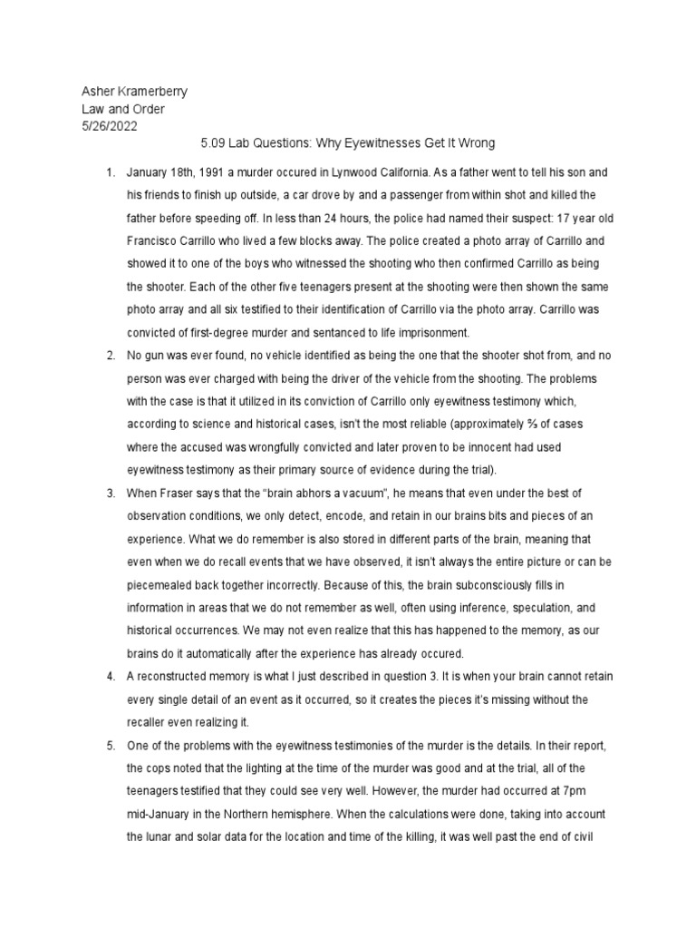 5.09 Lab Questions - Why Eyewitnesses Get It Wrong | PDF | Witness ...