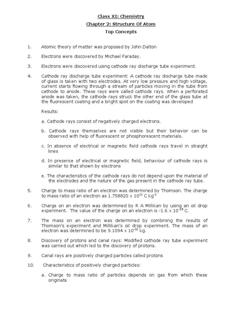 XI Chemistry Chapter 2 Structure of Atom Concepts | PDF