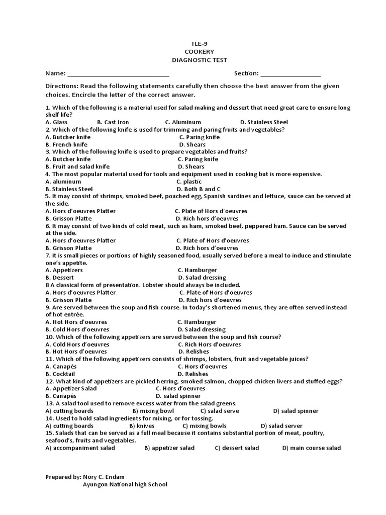 Cookery 9 Diagnostic Test Questions | PDF | Hors D'oeuvre | Salad