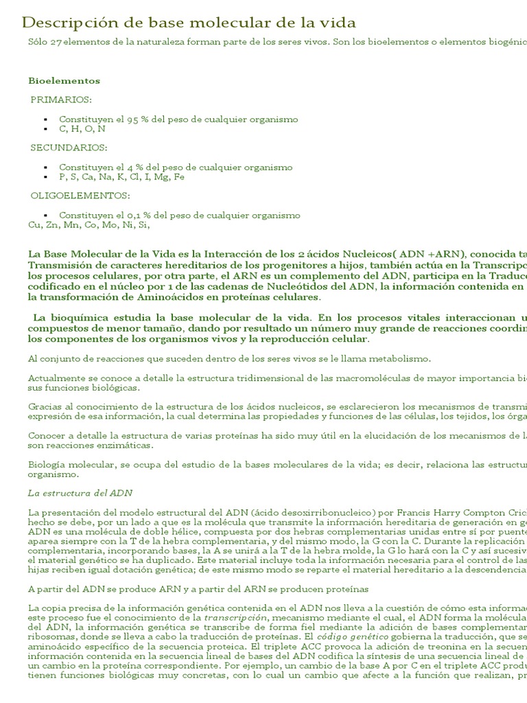 Descripción de Base Molecular de La Vida | PDF | Adn | Genética