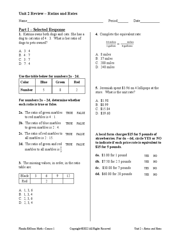 Unit 2 Review - Ratios and Rates - REPASO COMPLETO | PDF | Ratio | Foot ...