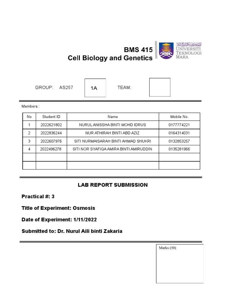 BMS415 Lab Report 3 | PDF | Osmosis | Cell Biology