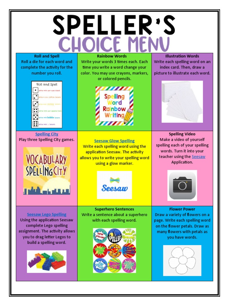 Spelling Choice Board | PDF