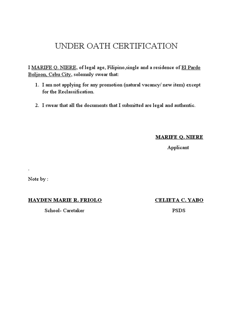 Under Oath Certification | PDF