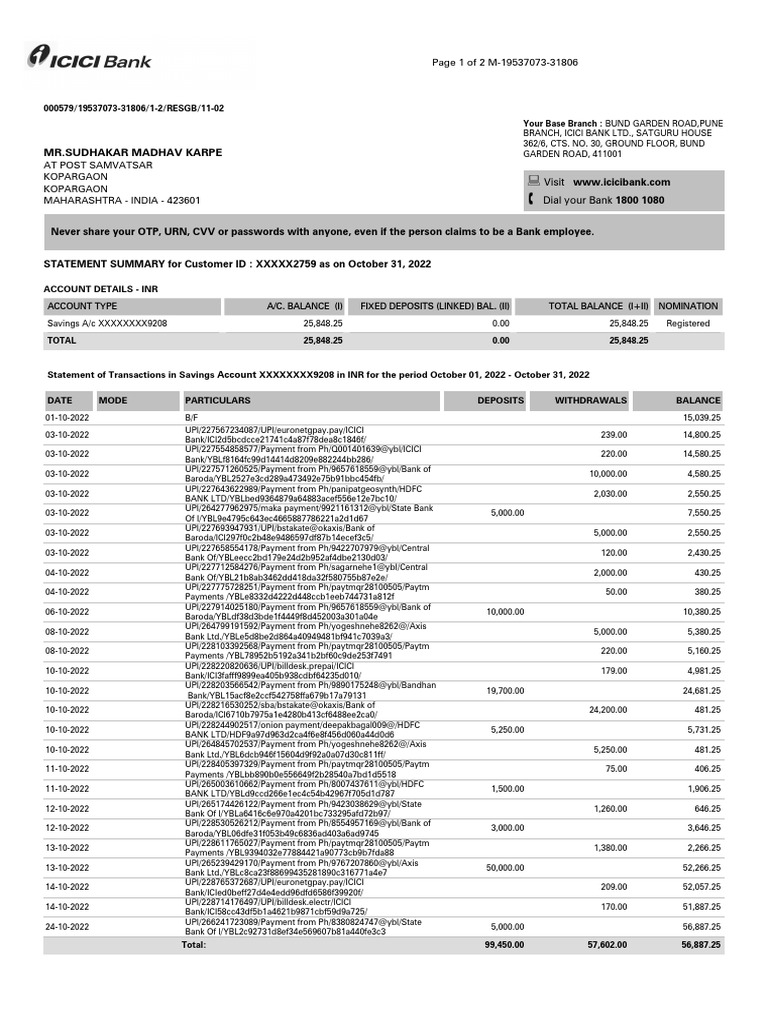 Bank Statement Summary and Transaction History for Savings Account ...