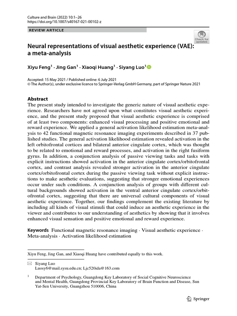 Neural Representations of Visual Aesthetic Experience (VAE) - A Meta ...