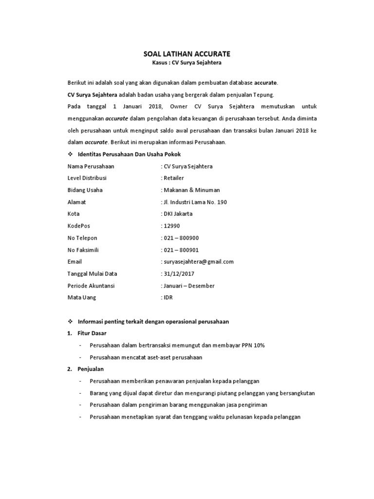 SOAL LATIHAN ACCURATE Kasus CV Surya Sej | PDF