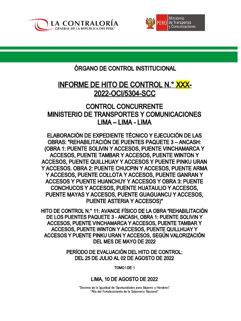 Informe Hito de Control N° 11: Avance Obras | PDF | Hormigón | Puente