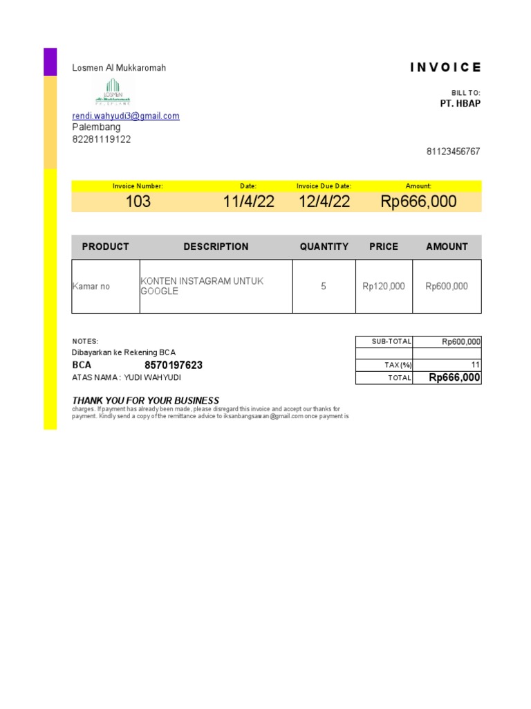 Rp666,000 Invoice for Losmen Al Mukkaromah | PDF | Invoice | Money