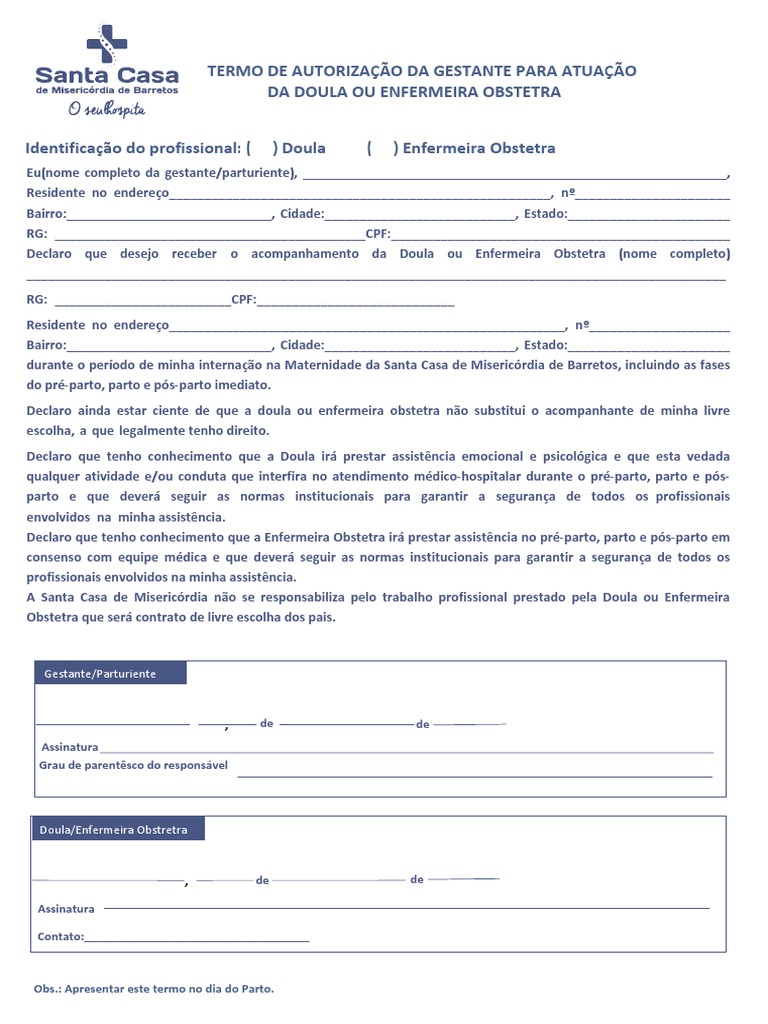 Termo de Autorizacao Da Gestante para Atuacao Da Doula | PDF | Parto | Enfermagem