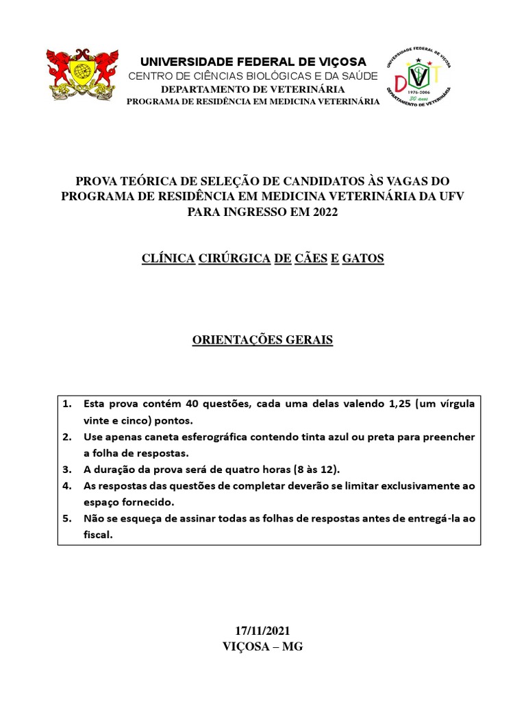 Prova Teórica Residência Veterinária UFV 2022 | PDF | Raiva | Epidemiologia