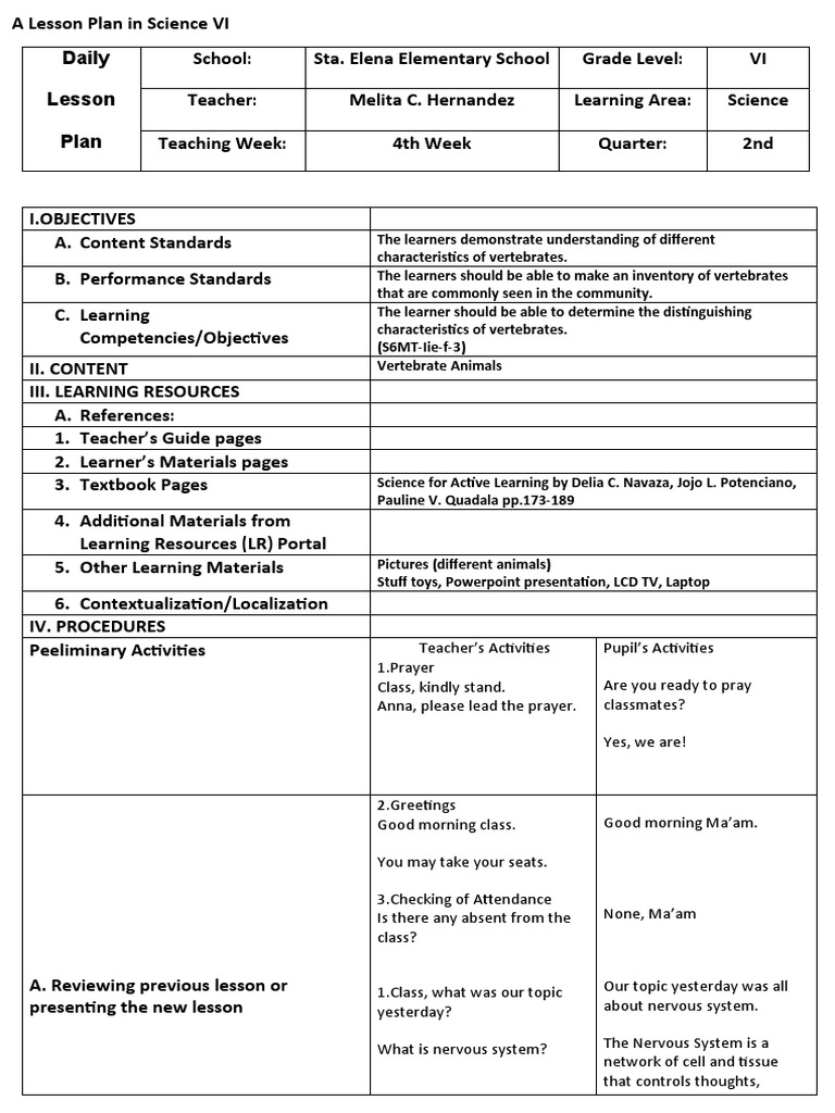 Science VI Lesson Plan on Vertebrates | PDF | Amphibian | Fish