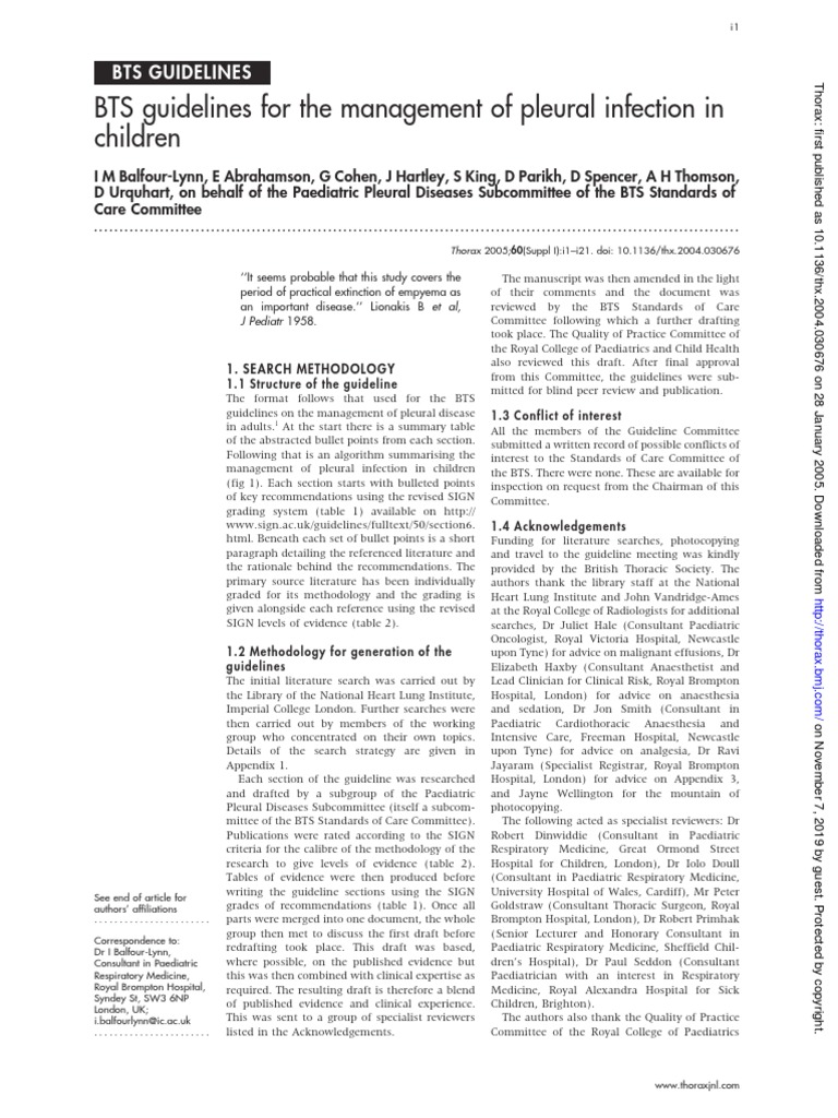 BTS Guidelines For The Management of Pleural Infection in Children | PDF | Pneumonia | Medical ...