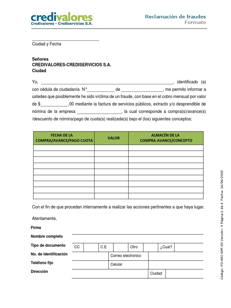 Formato Reclamación de Fraudes | PDF