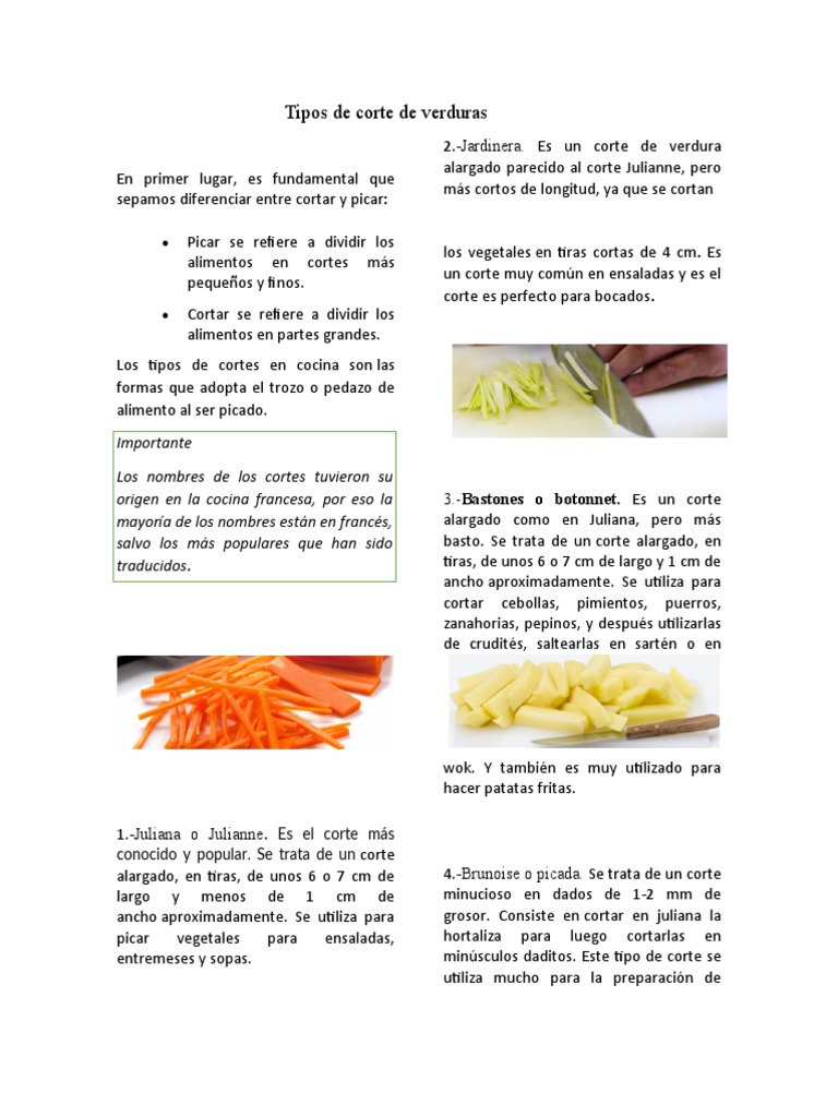 Tipos de cortes de verduras en cocina | PDF | Vegetales | ensalada