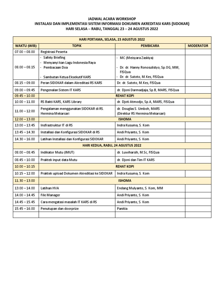 Jadwal Acara WS SIDOKAR - 23-24 Agustus 2022 Rev2 | PDF