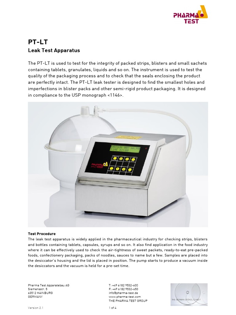 Pharmaceutical Leak Test Apparatus PT-LT | PDF | Leak | Printer (Computing)