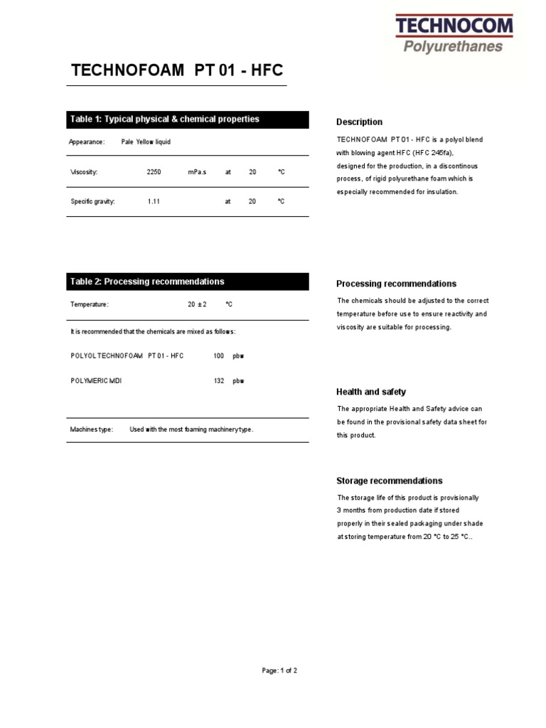 PDS Technofoam PT 01 - HFC-1 | PDF | Chemistry | Materials