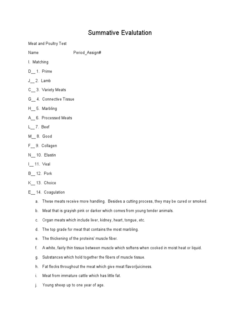 Summative Evaluation - Meat and Poultry Test Key | PDF | Beef | Meat