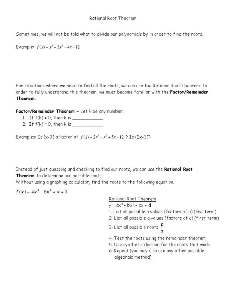 Worksheet Rational Root Theorem | PDF | Teaching Methods & Materials