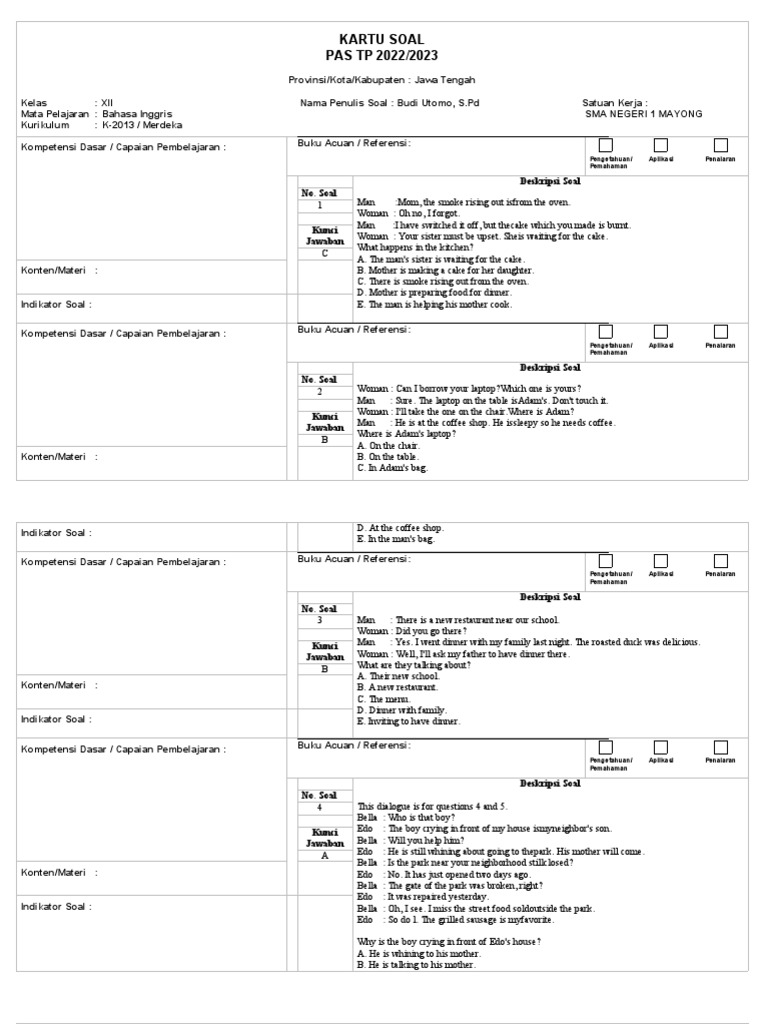 Format Kartu Soal Pas Kelas Xii | PDF | Zoo