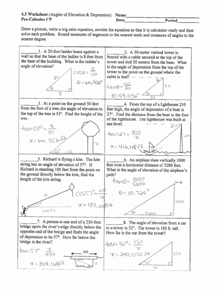 4.3 Worksheet Angles of Elev and Dep Solutions | PDF