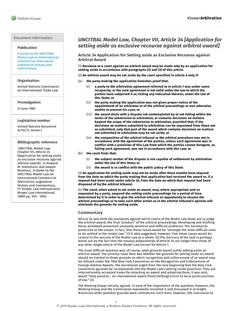 Article 34 The Guide To The 1985 UNCITRAL Model Law (Holtzmann and ...