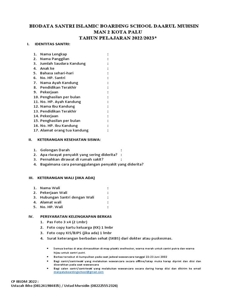 Formulir Santri Islamic Boarding School Daarul Muhsin | PDF | Kesehatan Holistik