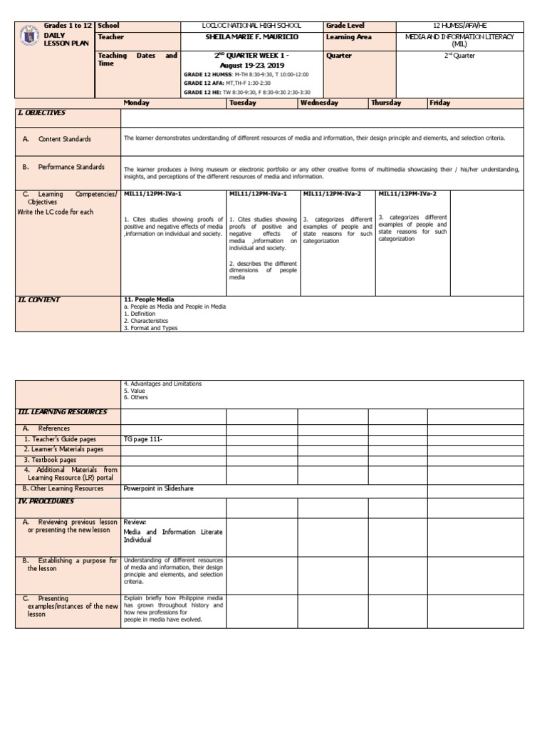 Grade 12 MIL Lesson Plan Q2 W1 | PDF | Learning | Teaching Method