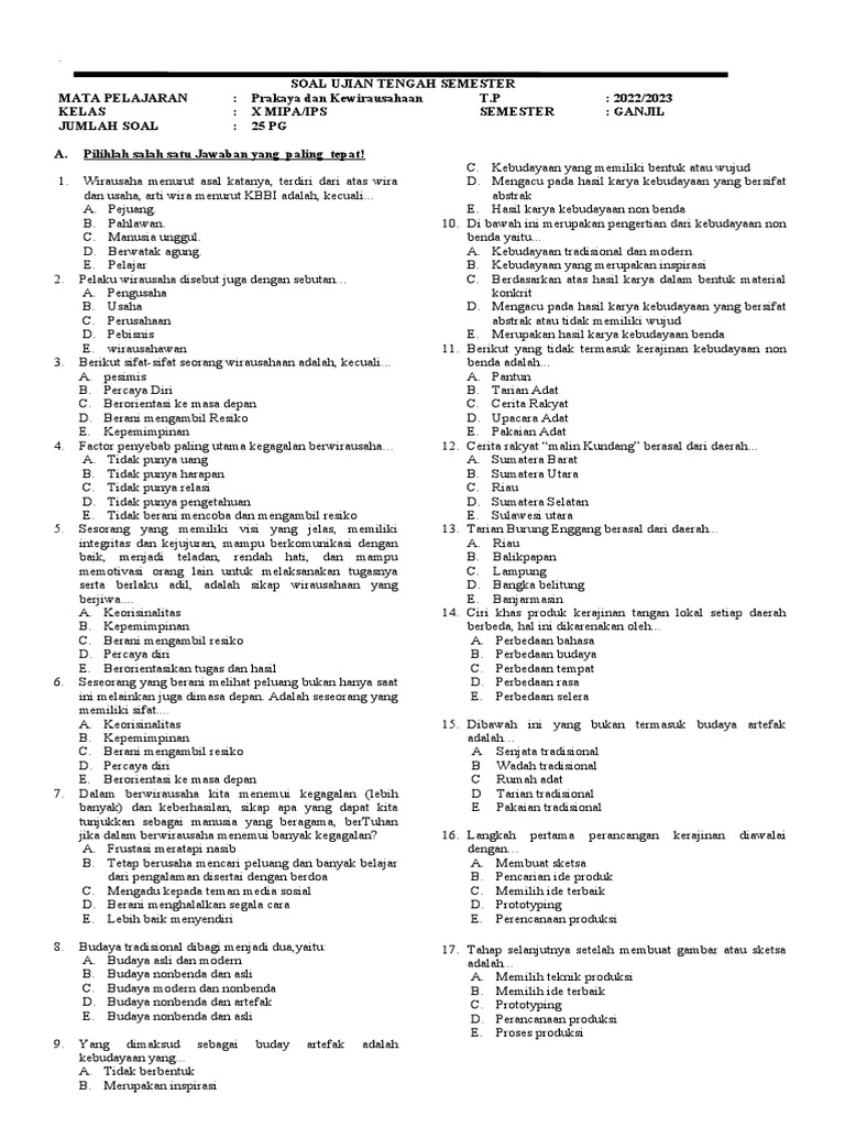 SOAL UTS PRAKARYA KLS 10 SMA Lae Parira | PDF
