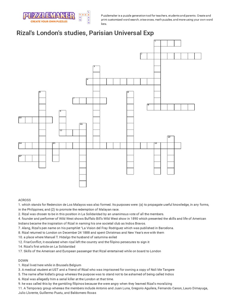 CROSSWORD PUZZLE RIZAL Princess Jovelyn Gutierrez 4ya-7 | PDF | Philippines