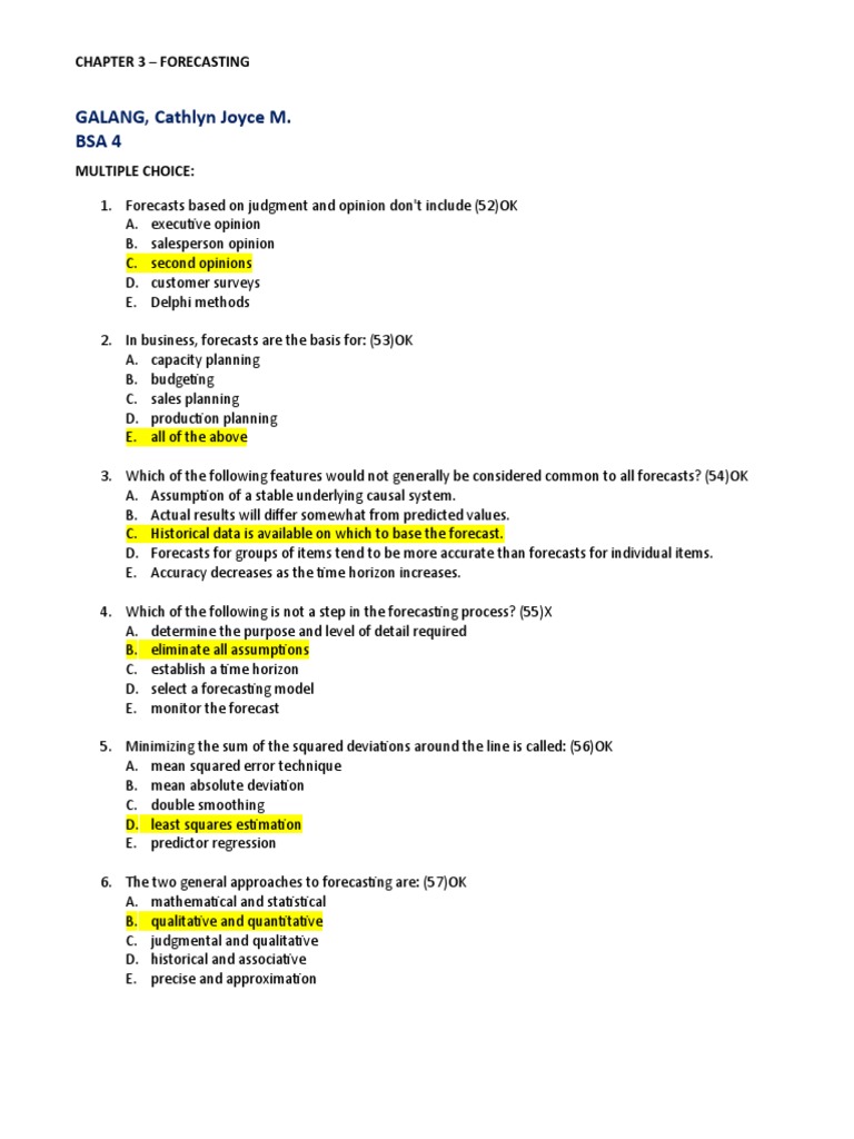Chap-THREE-Multiple-Choice (Galang, Cathlyn Joyce) | PDF | Forecasting | Errors And Residuals