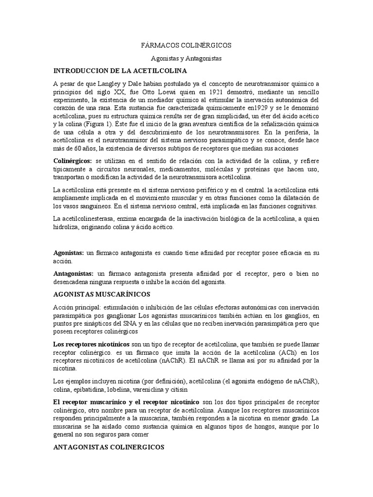 Fármacos Colinérgicos | PDF | Acetilcolina | Medicina CLINICA