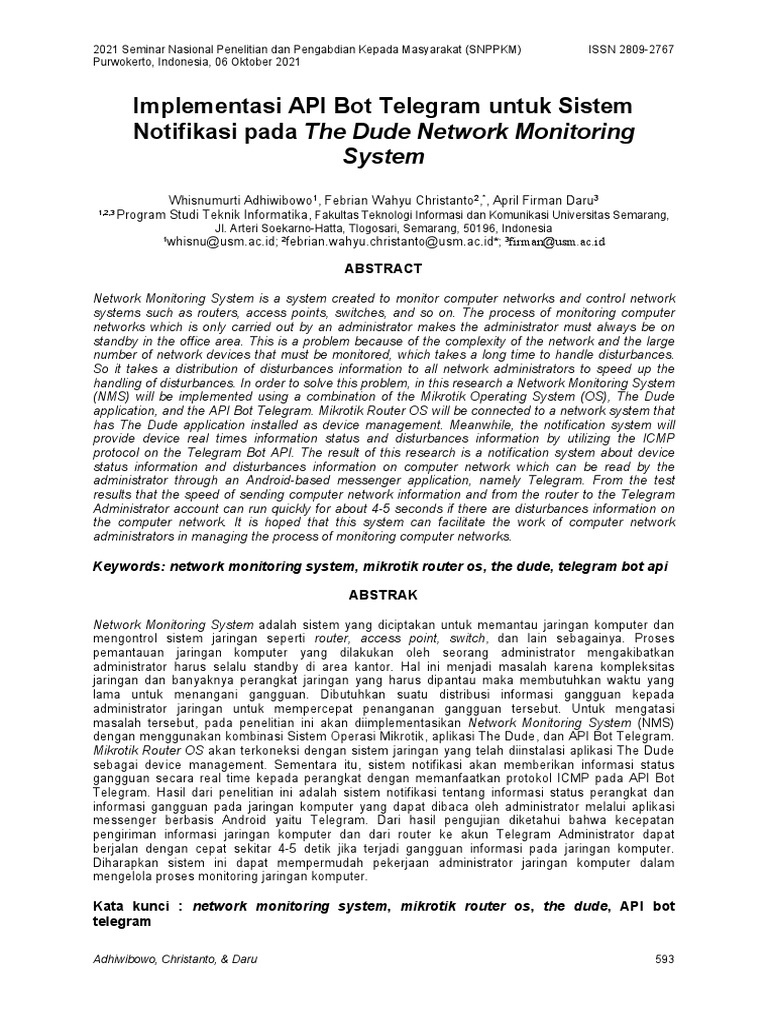 Implementas Api Bot Telegram Untuk Sistem Notifikasi Pada The Dude Network Monitoring System