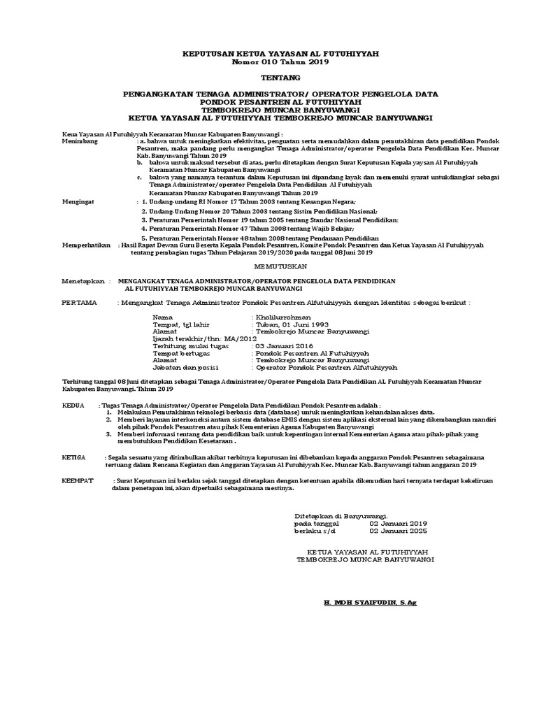 Contoh SK Operator Yayasan | PDF